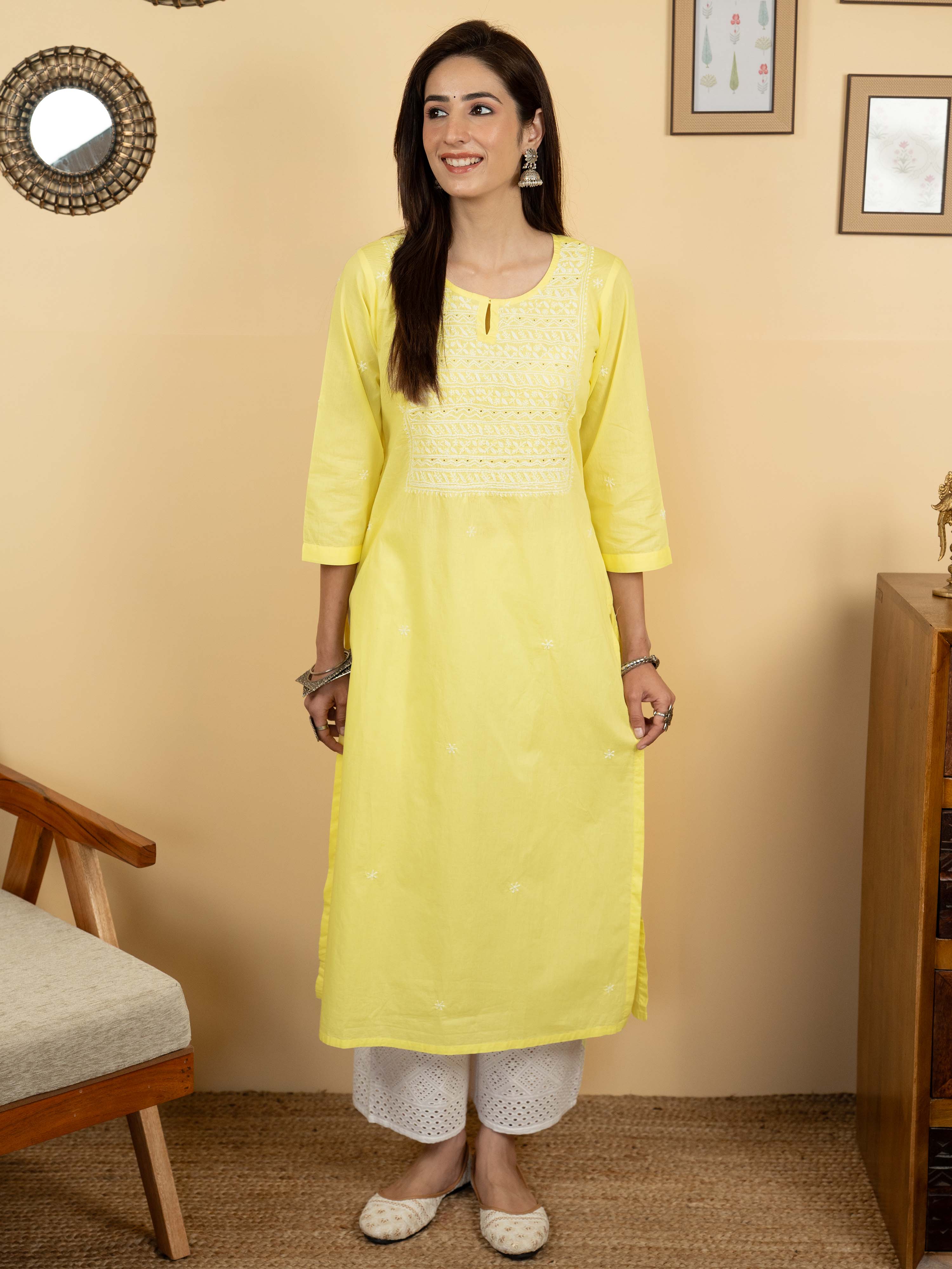 Yellow Colour Premium Cotton Round With V Neck Hand Embroidered Chikan ...