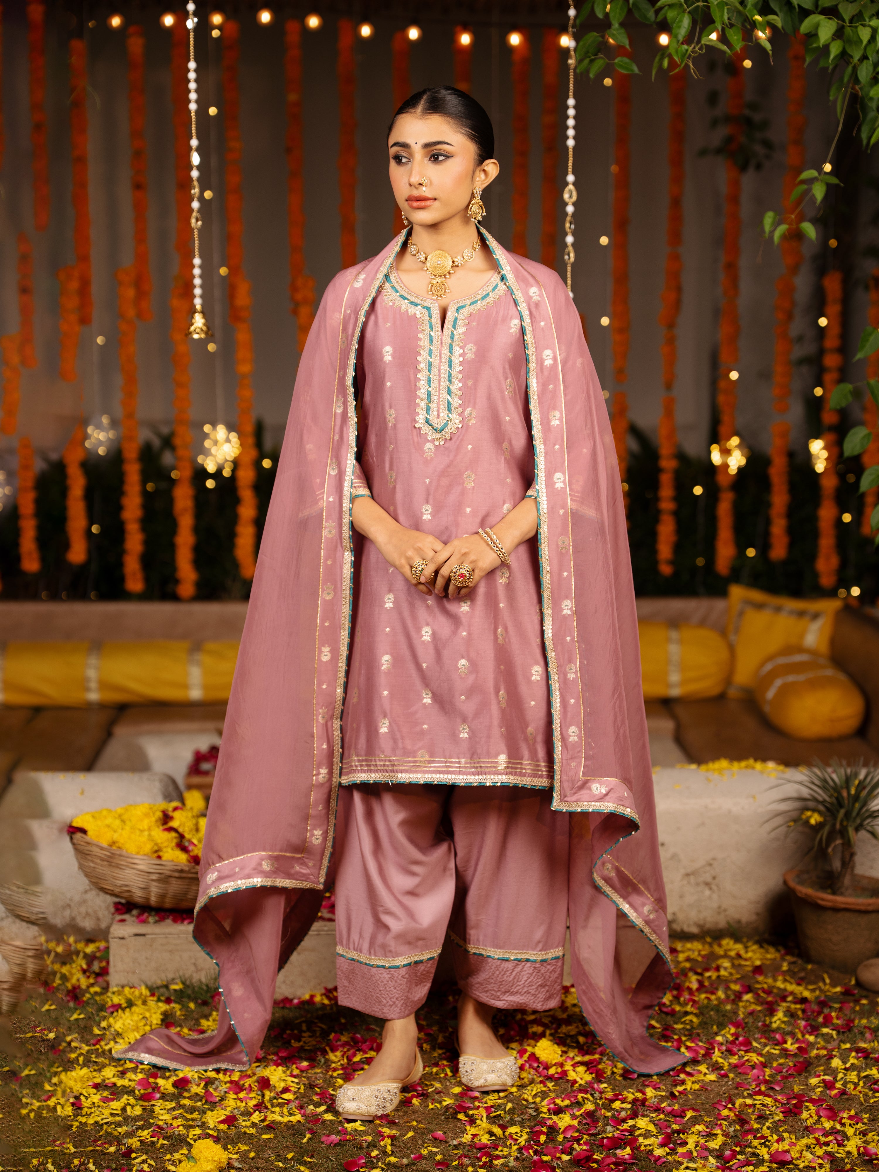 Mauve Banarasi Chanderi Round Neck Complete Suit Set For Women's – Vari