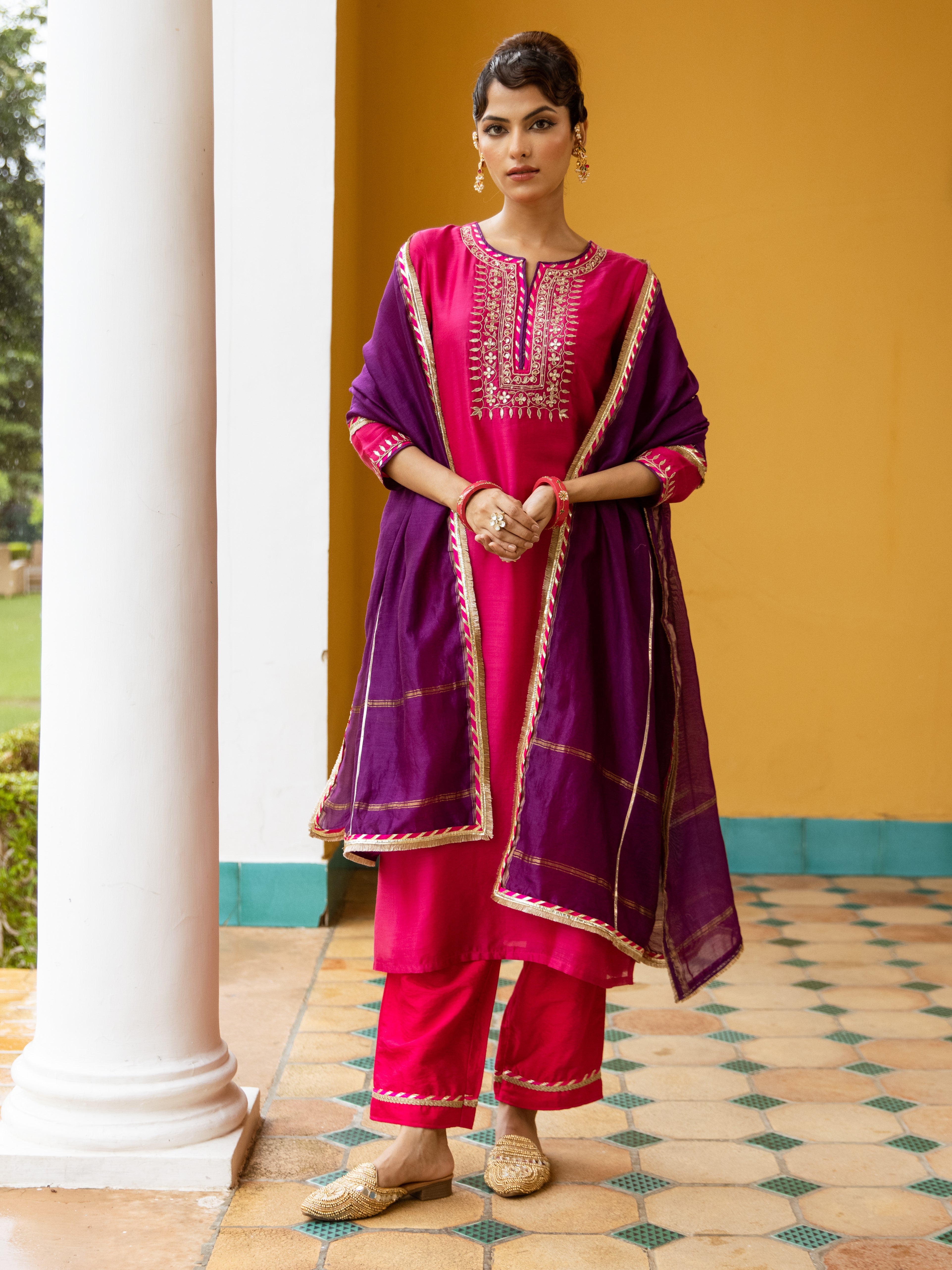 Magenta Chanderi Round Neck Complete Suit Set For Women's – Vari