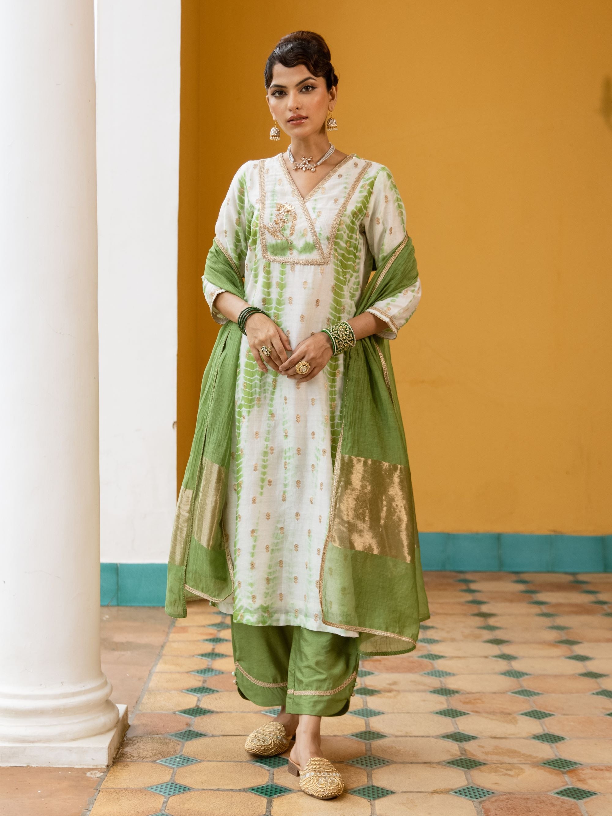White And Green Banarasi Chanderi Silk Complete Suit Set – Vari