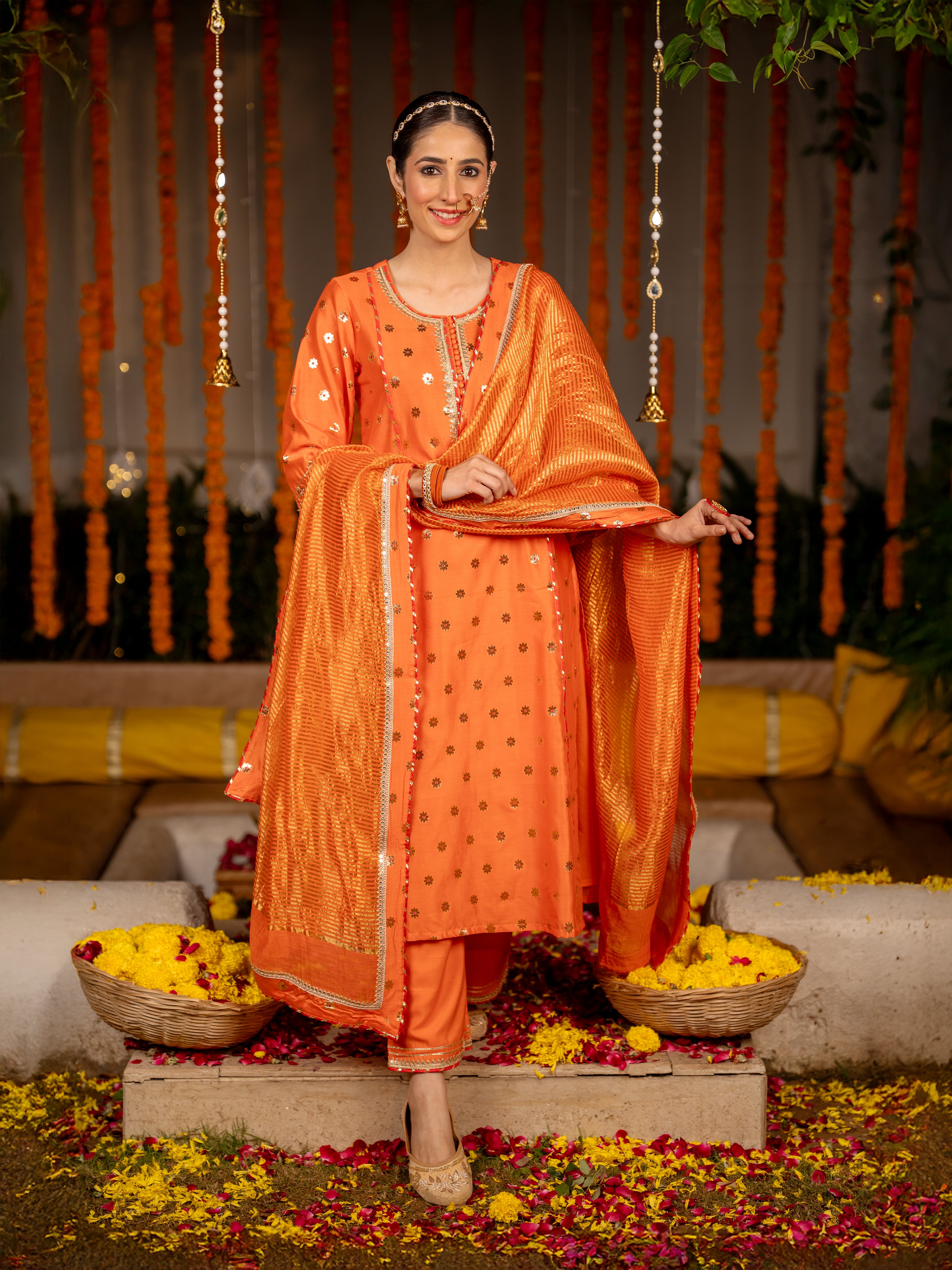 Fanta Orange Banarasi Silk Round Neck Complete Suit Set For Women's – Vari